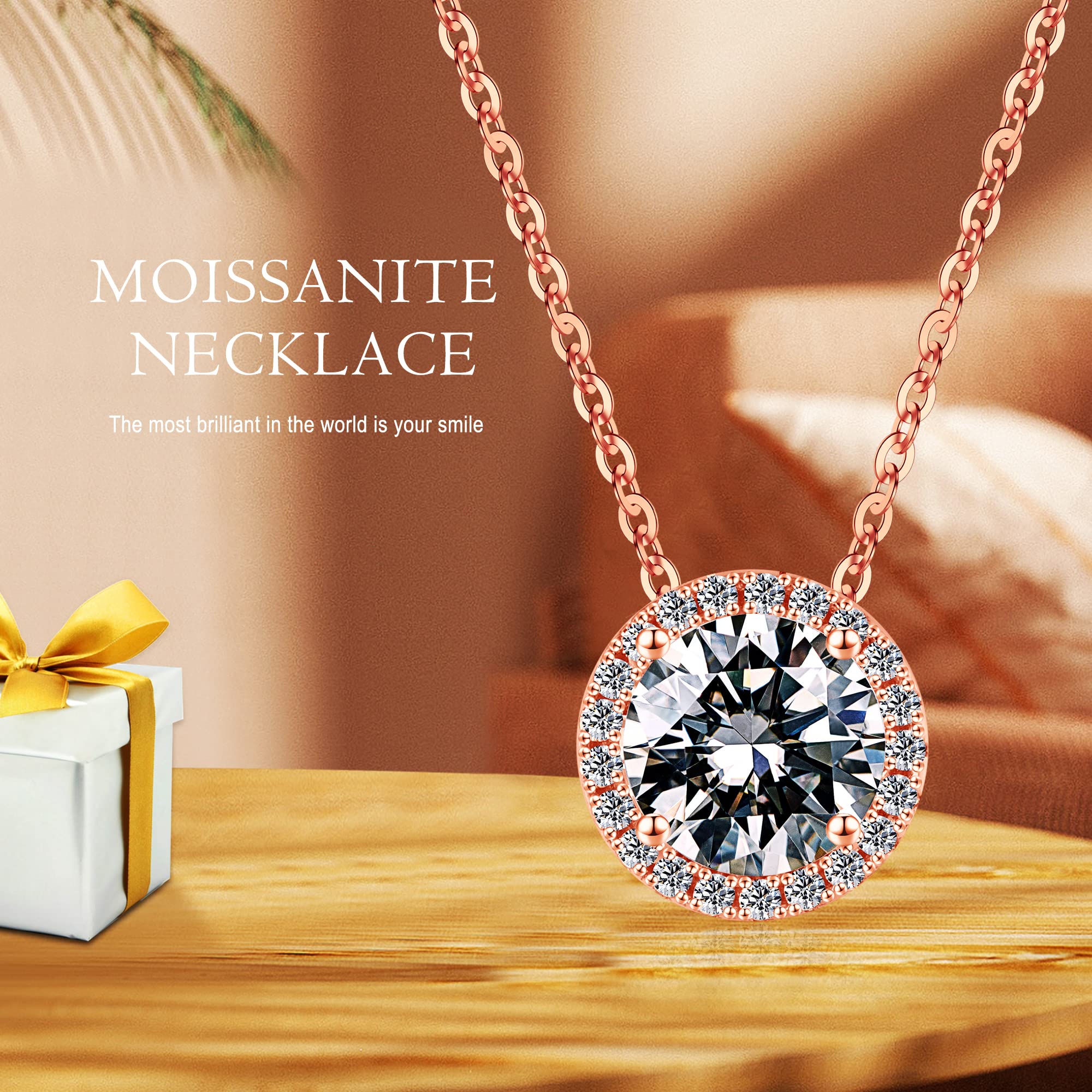 SMILEST 1ct Moissanite Necklace for Women Mom, D Color VVS1 Clarity Lab Created Diamond 18K Rose Gold Plated 925 Sterling Silver Moissanite Pendant Necklace for Women 1th Necklace Gifts for Wife