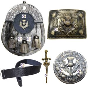 kilt belt with buckle scottish kilts sporran with badge style thistle/kilt pin/fly plaid brooch 5 piece set (medium)