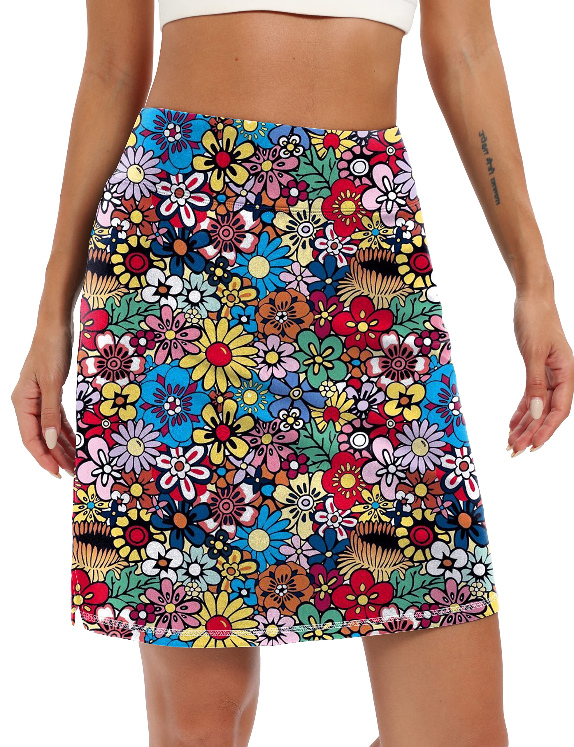 LouKeith Womens Knee Length Tennis Skorts Skirts Athletic Golf Skirts Casual High Waisted Drawstring Skirts with Pockets Colorful Flowers XL