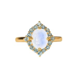 YoTreasure 2.01 Ct. Moonstone Blue Topaz 925 Sterling Silver Gold Plated Promise Ring