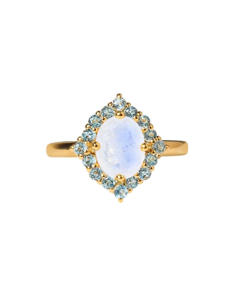 YoTreasure 2.01 Ct. Moonstone Blue Topaz 925 Sterling Silver Gold Plated Promise Ring