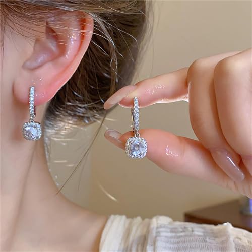 Classic Cubic Zirconia Dangle Hoop Earrings for Women Girls 18K White Gold Plated Princess Cut Square Halo CZ Charms Drop Dangling Leverback Stud Dainty Birthday Wedding Anniversary Jewelry Gifts (Silver)