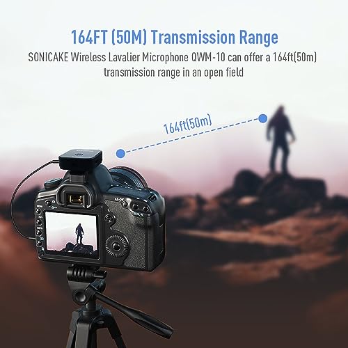 SONICAKE Wireless Lavalier Microphone 2.4GHz 164 ft/50M Range 10 Hrs, Compact Wireless Mic System(1 TX +1 RX) for iPhone/Android/DSLR Camera,Vlog,Podcast,Live Streaming,Video Recording,Interview