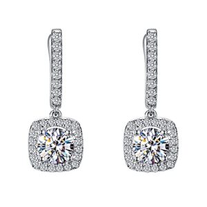 classic cubic zirconia dangle hoop earrings for women girls 18k white gold plated princess cut square halo cz charms drop dangling leverback stud dainty birthday wedding anniversary jewelry gifts (silver)