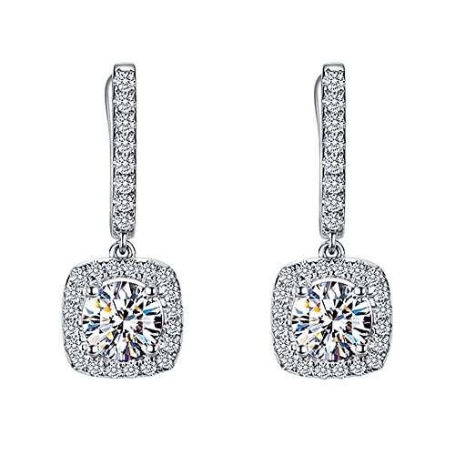 Classic Cubic Zirconia Dangle Hoop Earrings for Women Girls 18K White Gold Plated Princess Cut Square Halo CZ Charms Drop Dangling Leverback Stud Dainty Birthday Wedding Anniversary Jewelry Gifts (Silver)