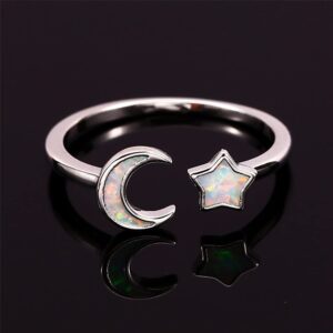 Opal Crescent Moon Star Open Adjustable Stacking Ring White Gold Plated Created Birthstone Love Endless Promise Wedding Finger Bands Expand Lucky Statement Rings Fashion Jewelry for Women Mother (White)