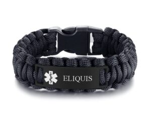 mzzj eliquis medical alert id bracelet black stainless steel id tag durable braided black rope paracord survival emergency cuff bracelet band for men women, outdoor sport safe bracelet