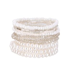 fuqimanman2020 boho multilayer crystal beaded stackable stretch bracelets strand elestic simulated pearl bohemian for women boho handmade jewelry-white a