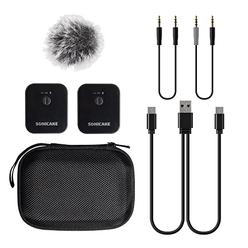 SONICAKE Wireless Lavalier Microphone 2.4GHz 164 ft/50M Range 10 Hrs, Compact Wireless Mic System(1 TX +1 RX) for iPhone/Android/DSLR Camera,Vlog,Podcast,Live Streaming,Video Recording,Interview