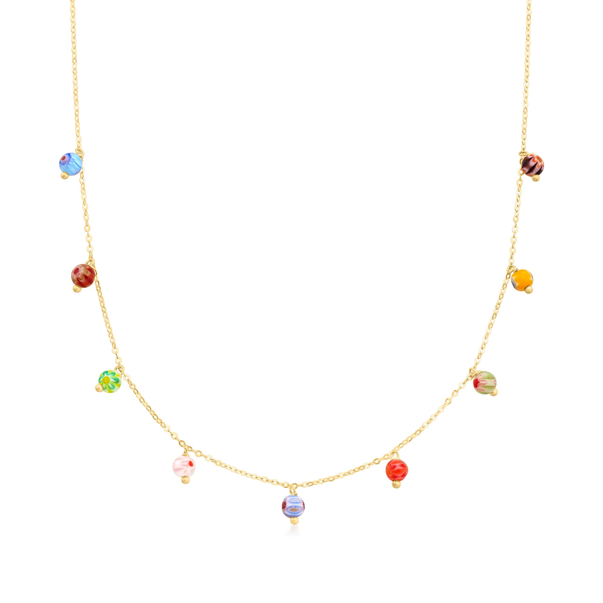 Ross-Simons Italian Multicolored Murano Glass Bead Charm Necklace in 14kt Yellow Gold. 16 inches