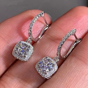 Classic Cubic Zirconia Dangle Hoop Earrings for Women Girls 18K White Gold Plated Princess Cut Square Halo CZ Charms Drop Dangling Leverback Stud Dainty Birthday Wedding Anniversary Jewelry Gifts (Silver)