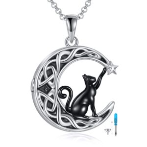 sheaisrs celtic moon black cat urn necklace for ashes moon cat cremation jewelry for women sterling silver cat jewelry moonstone necklace for cat lovers