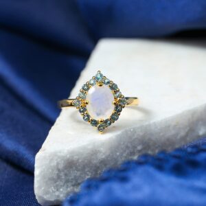 YoTreasure 2.01 Ct. Moonstone Blue Topaz 925 Sterling Silver Gold Plated Promise Ring