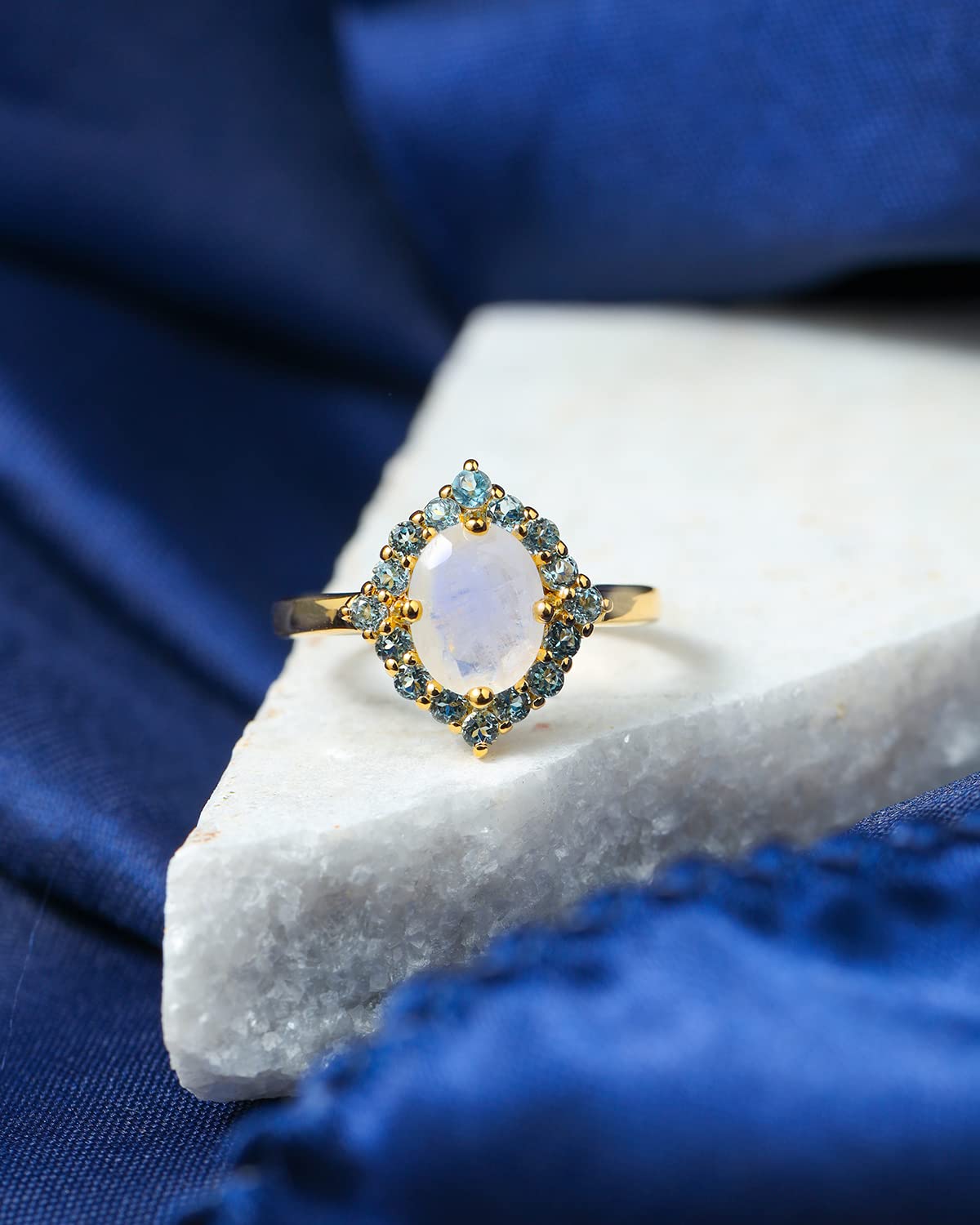 YoTreasure 2.01 Ct. Moonstone Blue Topaz 925 Sterling Silver Gold Plated Promise Ring