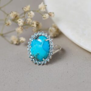 YoTreasure Turquoise Swiss Blue Topaz 925 Sterling Silver Oval Shaped Cluster Ring Jewelry