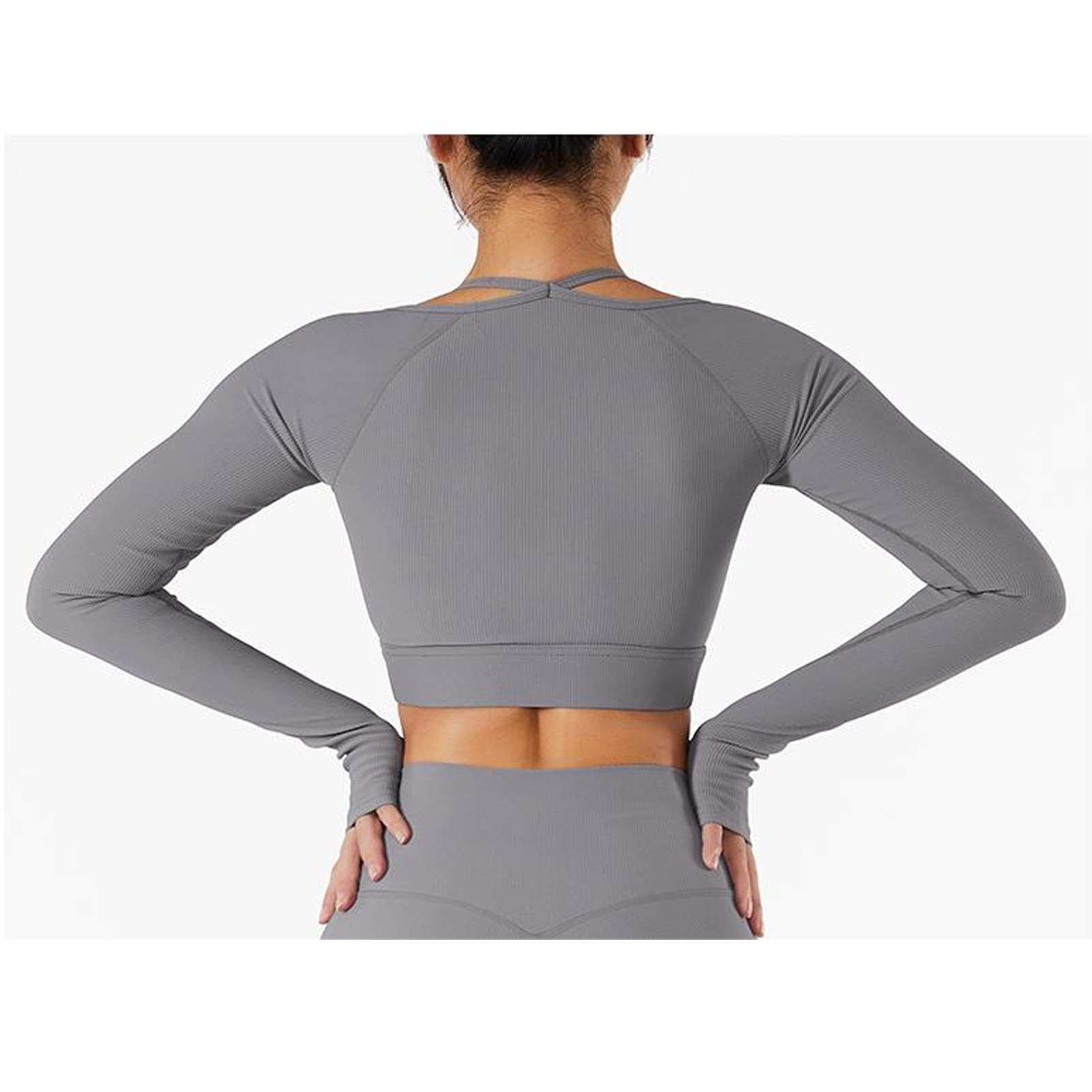 Women Long Sleeves Workout Sportswear, Neck Wider Hem High Waist Fingertip Quick Drying Yoga Sports Top(M-Gray)