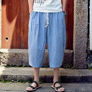 hhaappyy Men's Baggy Linen Capri Pants, Casual Solid Color Loose Elastic Waist Drawstring Harem Yoga Long Shorts with Pockets