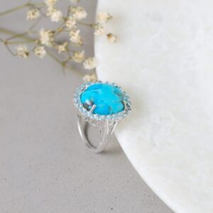 YoTreasure Turquoise Swiss Blue Topaz 925 Sterling Silver Oval Shaped Cluster Ring Jewelry