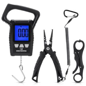 kastking wideview digital fishing scale with fishing pliers and lip grip combo, 7” stainless steel pliers, large 2.5” display, 110 lbs/50 kg, waterproof and floating