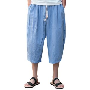 hhaappyy men's baggy linen capri pants, casual solid color loose elastic waist drawstring harem yoga long shorts with pockets