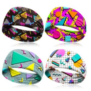 4 pack 80s 90s neon headbands outfit accessories for women men retro vintage fashion sweatbands 90s athletic elastic hairband for hip hop party style hiking cycling running