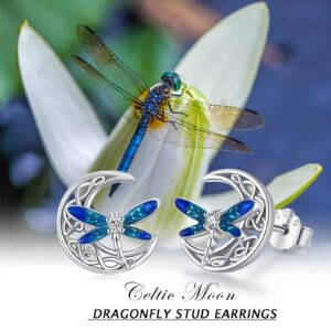 Twoowl Dragonfly Stud Earrings 925 Sterling Silver Celtic Moon Earrings Irish Celtic Jewelry Gifts for Women Girlfriends