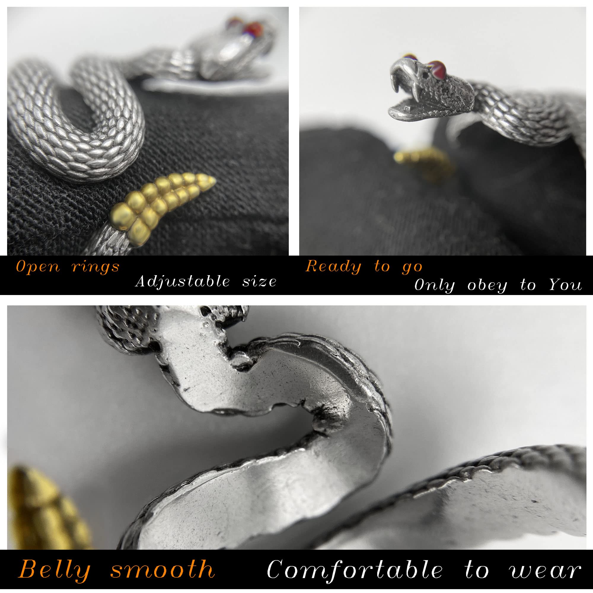 Holgod Snake Ring with Gold Tail, 925 Titanium Steel Rattlesnake Shaped Jewelry, Handmade Gift for Men Women (Mouth Close)