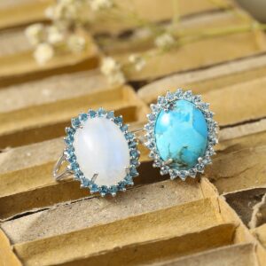 YoTreasure Turquoise Swiss Blue Topaz 925 Sterling Silver Oval Shaped Cluster Ring Jewelry