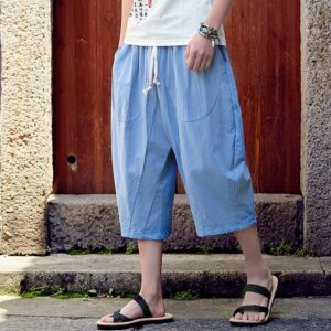 hhaappyy Men's Baggy Linen Capri Pants, Casual Solid Color Loose Elastic Waist Drawstring Harem Yoga Long Shorts with Pockets