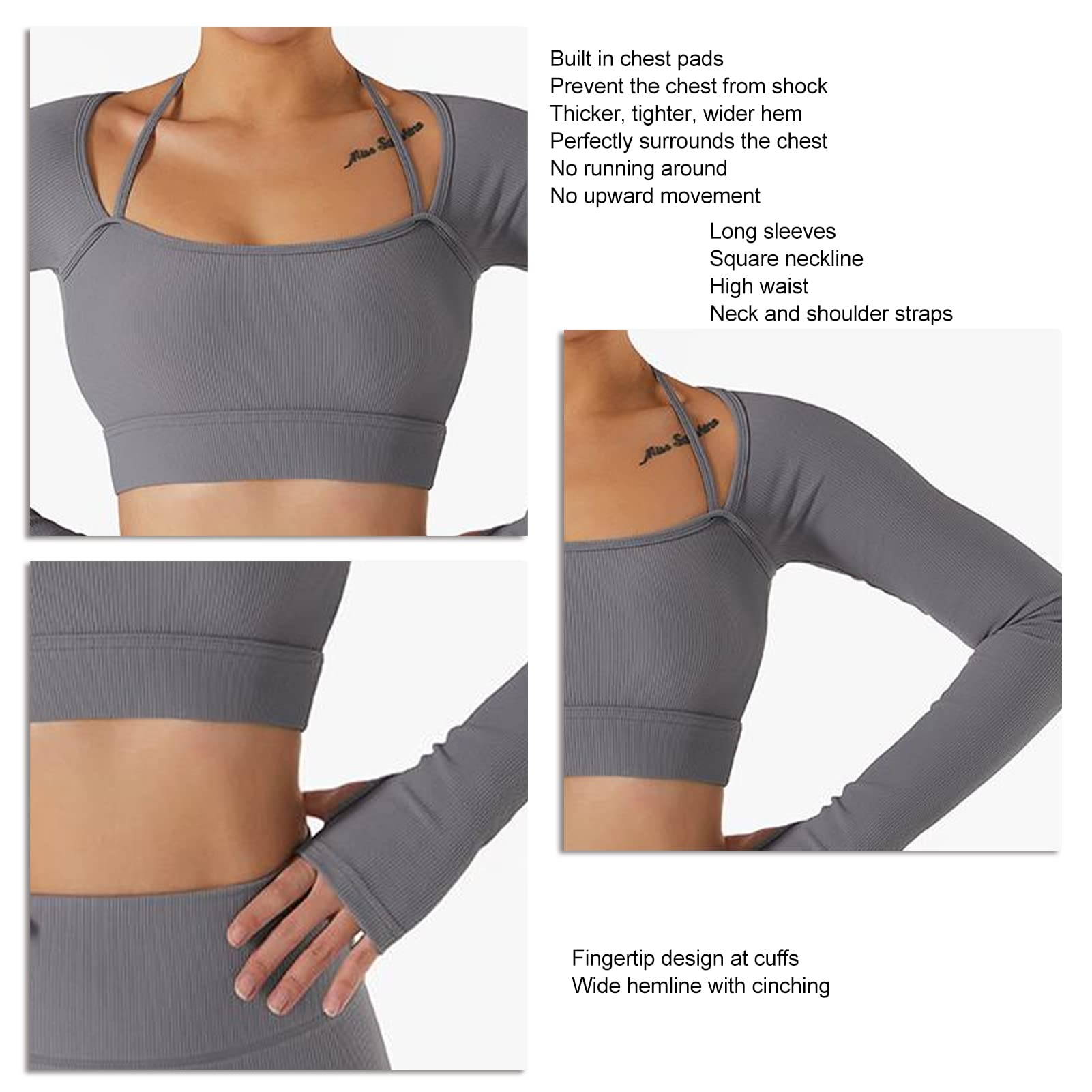 Women Long Sleeves Workout Sportswear, Neck Wider Hem High Waist Fingertip Quick Drying Yoga Sports Top(M-Gray)