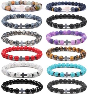 jewdreamer 12pcs 8mm cross beads bracelet for men women lava rock gemstone bracelet tiger eye stone howlite crystal stretch bracelet set