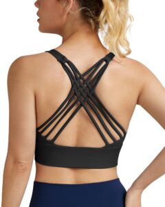 queenieke strappy longline sports bras for women - wirefree spaghetti criss cross workout gym yoga free to be bra (black, medium)