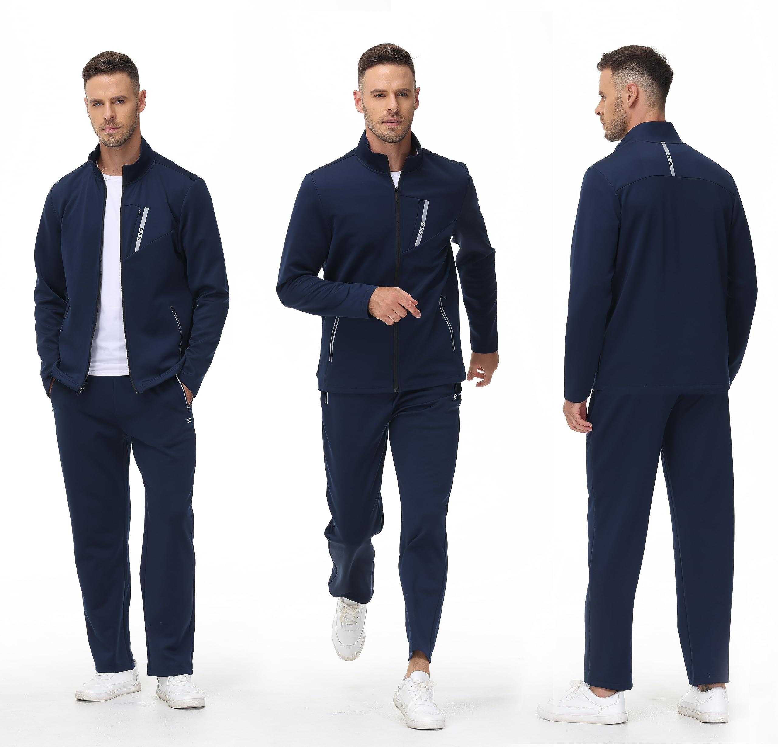 MoFiz Mens Athletic Sweatsuits Full Zipper Jacket with Stand Collar Workout Running Pants Male Casual 2 Pieces Tracksuit Navy 2XL