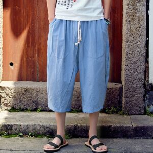 hhaappyy Men's Baggy Linen Capri Pants, Casual Solid Color Loose Elastic Waist Drawstring Harem Yoga Long Shorts with Pockets