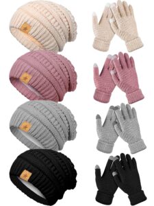 jagely 8 pieces winter hats and gloves set women warm gloves touchscreen knitted lined gloves winter beanies for women (black, gray, pink, beige)