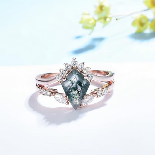 Natural Moss Agate Gemstone Genuine 925 Sterling Silver Ring for Women Kite Cut Women's Ring Set for Engagement Silver 925 Jewelry (Rose Gold Plated Silver, 6)