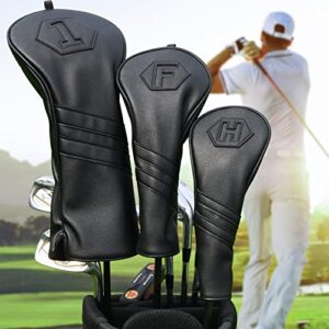 premium golf club covers, 3 pack golf club head covers for driver, fairway woods and hybrid, golf head covers fit most golf clubs pu leather classic black