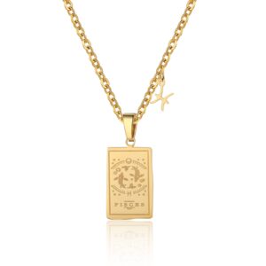 zodiac sign necklace for women 18k gold plated stainless steel chain 20+2 inch double sided constellation tarot card pendant waterproof non tarnish friendship jewelry birthday gift(pisces)