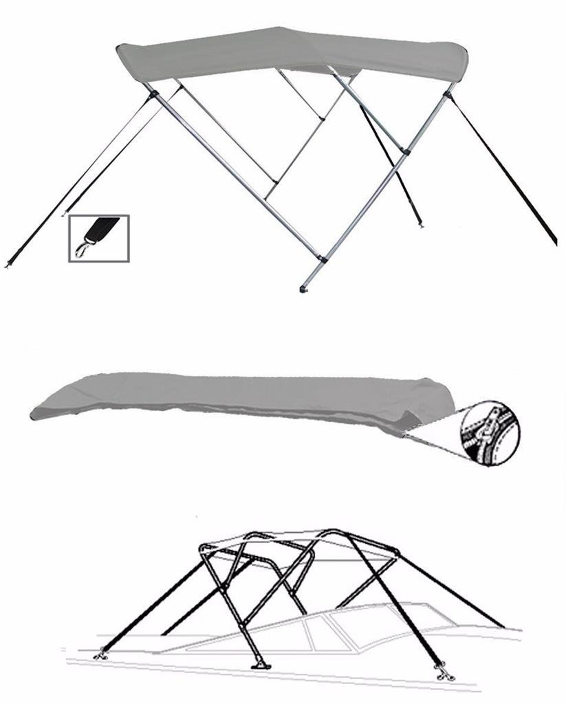 STOPBYUS 7.6 oz Gray 3 Bow Round Tube Boat Bimini TOP Sunshade Compatible for Xpress Yukon 18 2009-2015