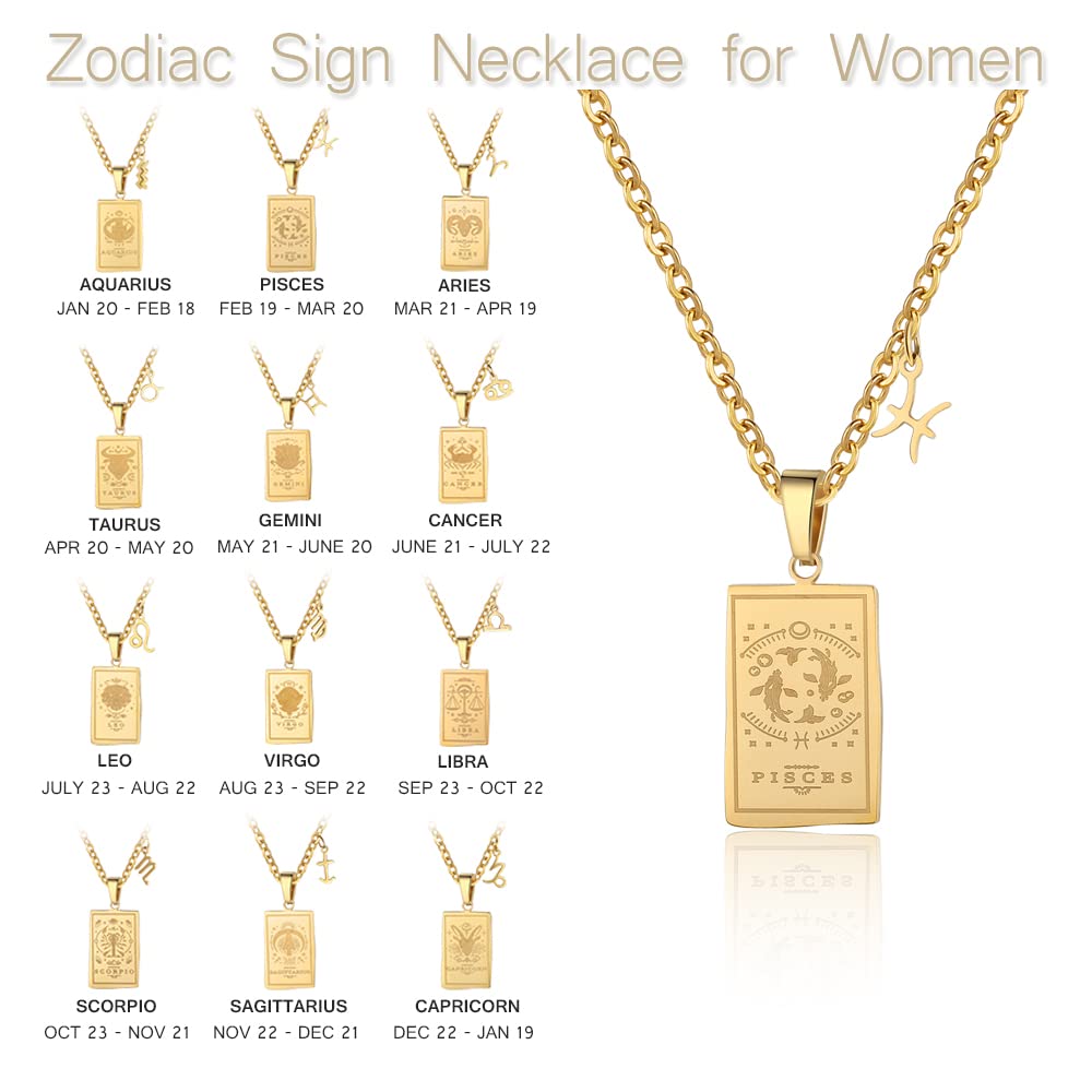 Zodiac Sign Necklace for Women 18K Gold Plated Stainless Steel Chain 20+2 inch Double Sided Constellation Tarot Card Pendant Waterproof Non Tarnish Friendship Jewelry Birthday Gift(Pisces)