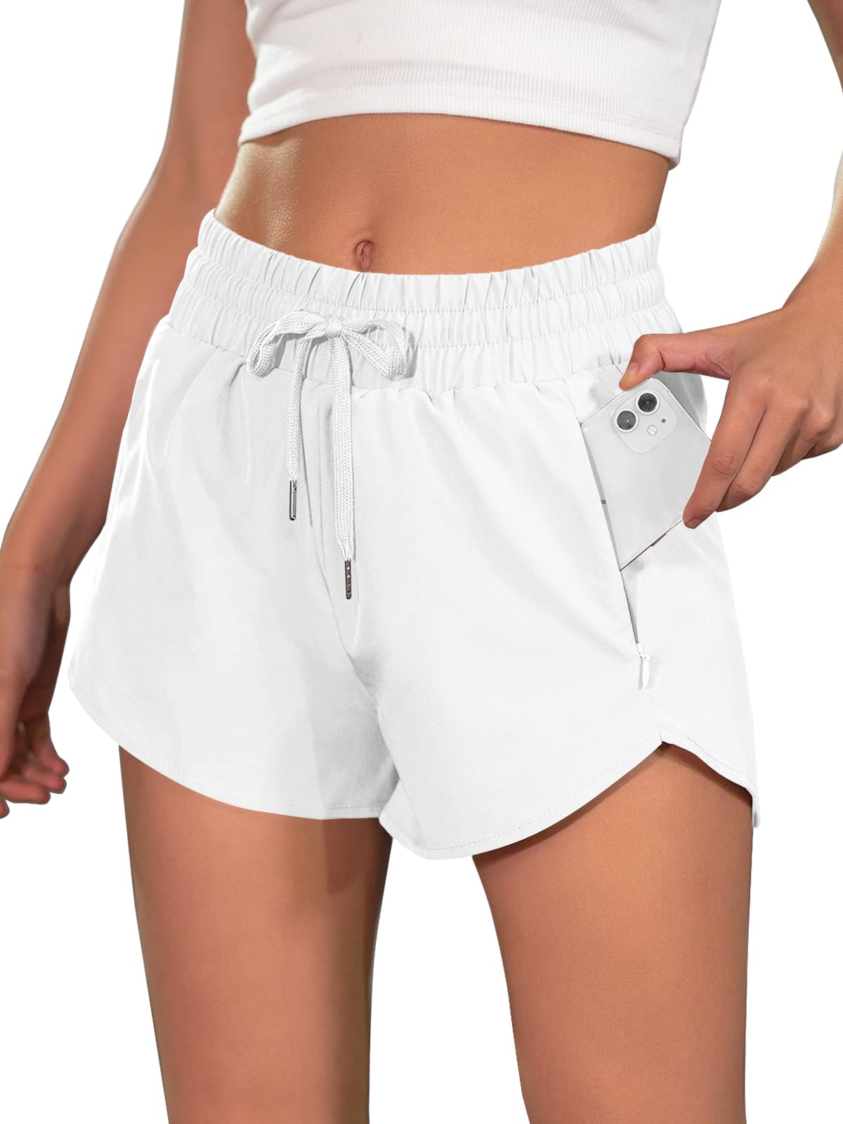 BMJL Women's Running Shorts High Waisted Athletic Shorts Summer Gym Workout Short with Zipper Pockets(S,White)