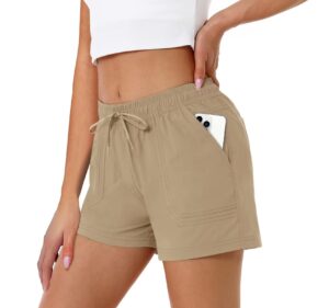 magcomsen workout shorts womens with pockets dry fit golf shorts 5 inch summer hiking shorts breathable comfy yoga shorts lightweight active shorts khaki xxl