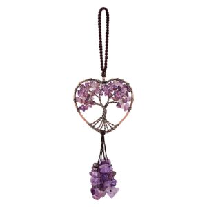 wewaysmile natural amethyst tree of life pendant heart shaped tree of life charm red copper plated brass wires and nylon cord for home car ornament tassel yoga healing lucky jewelry