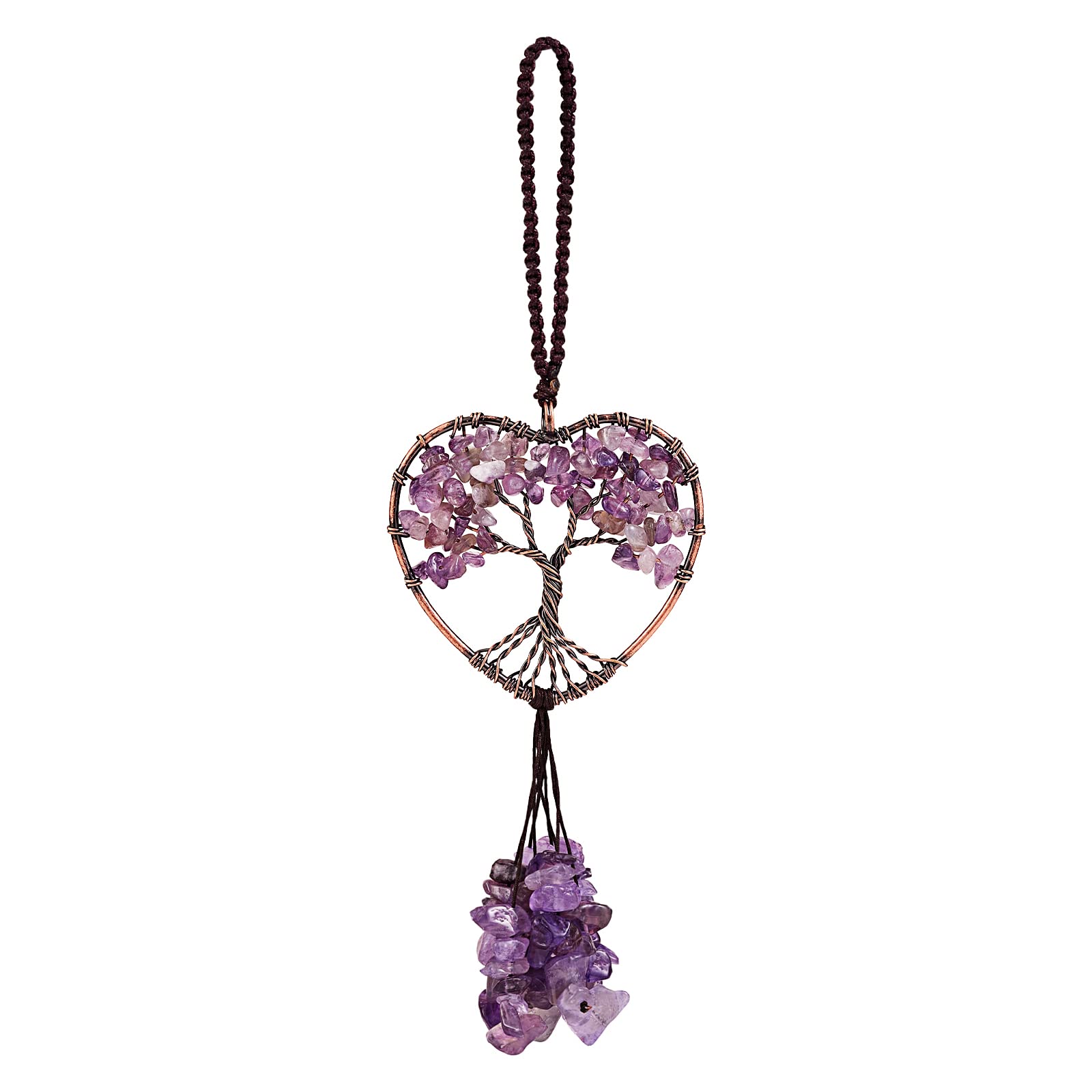 WEWAYSMILE Natural Amethyst Tree of Life Pendant Heart Shaped Tree of Life Charm Red Copper Plated Brass Wires and Nylon Cord for Home Car Ornament Tassel Yoga Healing Lucky Jewelry