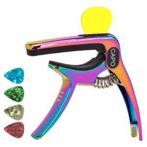 guitar capo, 3-in-1 multifunction capo for acoustic and electric guitars (free bonus 4 picks) with pick holder and pin puller, guitar accessories, gradient colorful