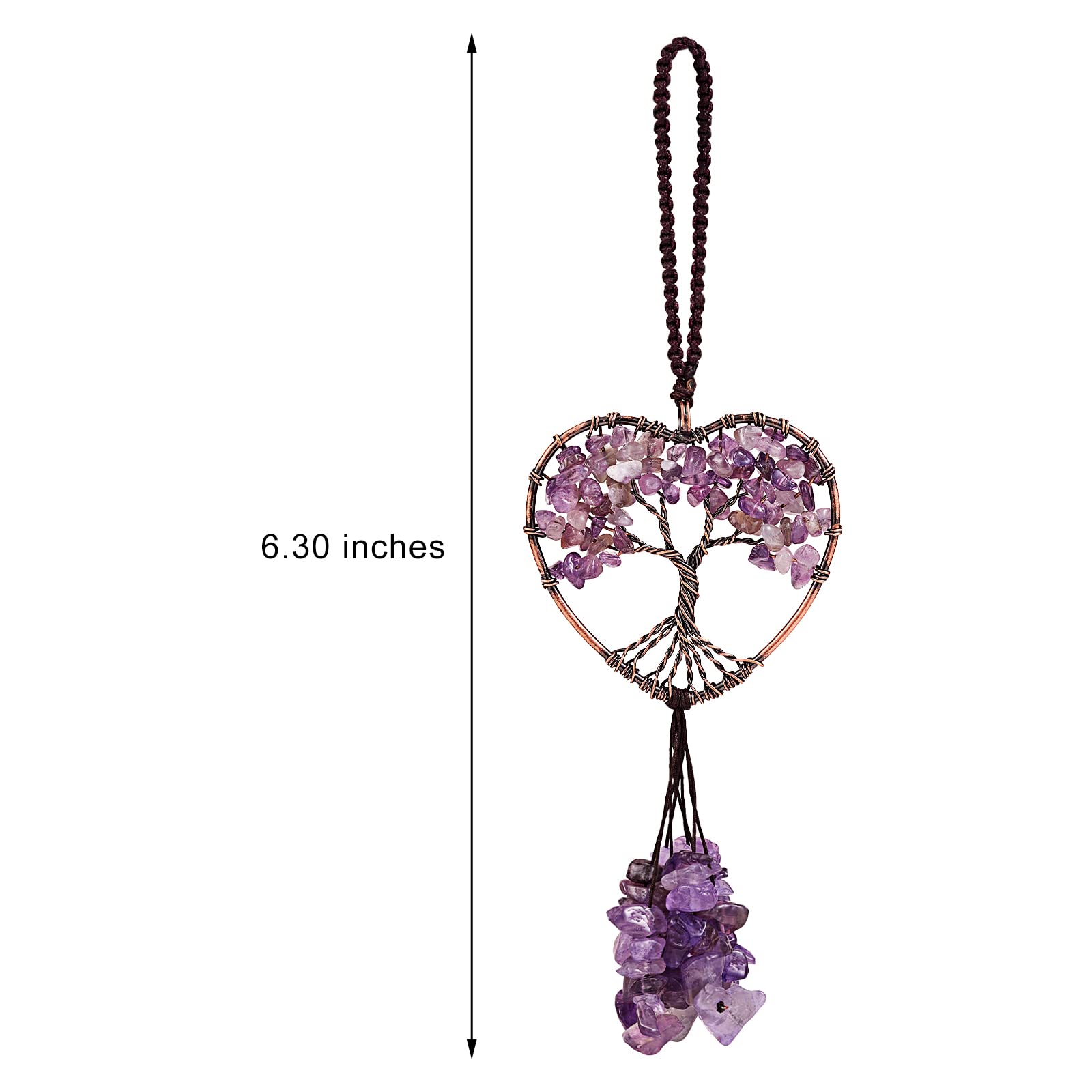 WEWAYSMILE Natural Amethyst Tree of Life Pendant Heart Shaped Tree of Life Charm Red Copper Plated Brass Wires and Nylon Cord for Home Car Ornament Tassel Yoga Healing Lucky Jewelry