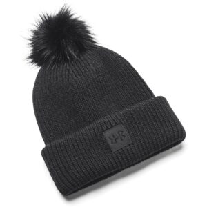 under armour womens halftime ribbed pom beanie, (001) black/black/black, one size fits most