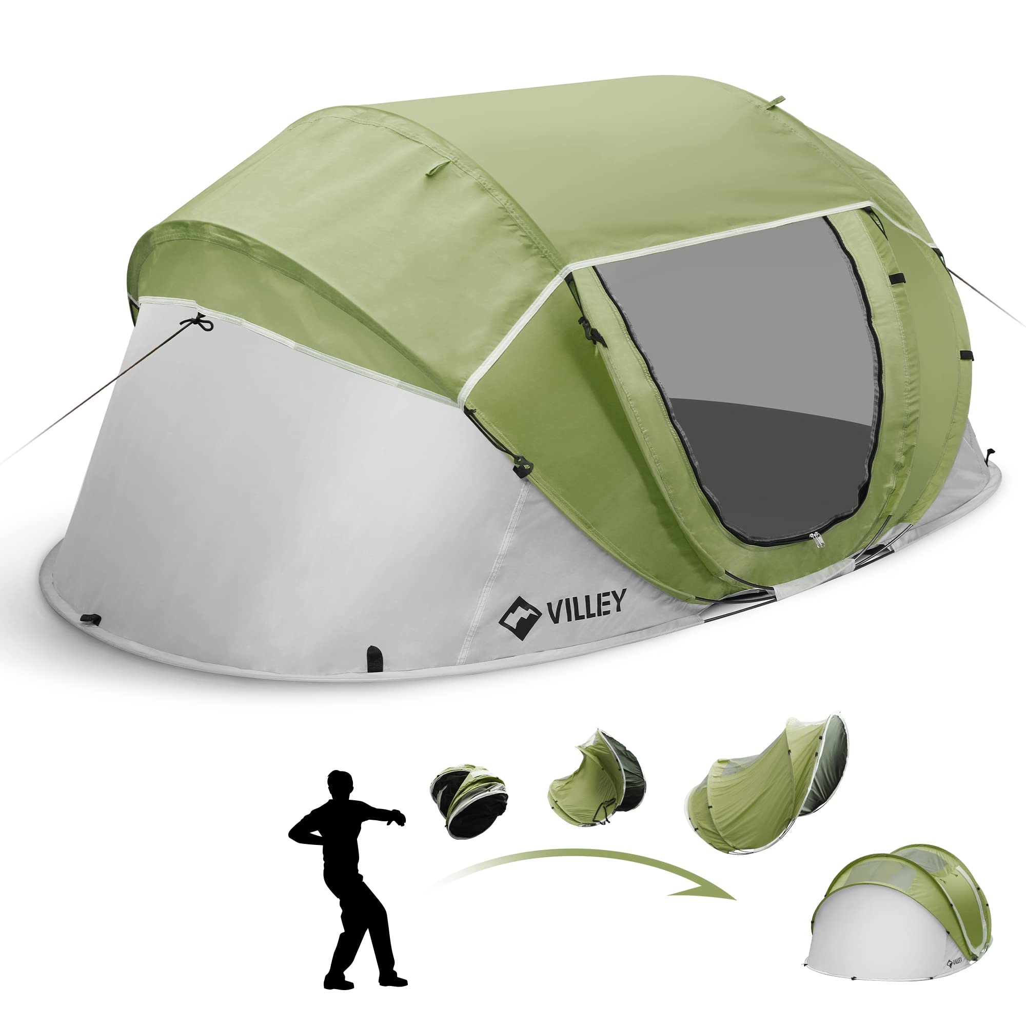 VILLEY 2-Person Easy Pop Up Tent, Waterproof Automatic Setup Instant Lightweight Camping Beach Tent with Carrying Bag for Camping, Hiking & Traveling - Green