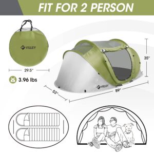 VILLEY 2-Person Easy Pop Up Tent, Waterproof Automatic Setup Instant Lightweight Camping Beach Tent with Carrying Bag for Camping, Hiking & Traveling - Green