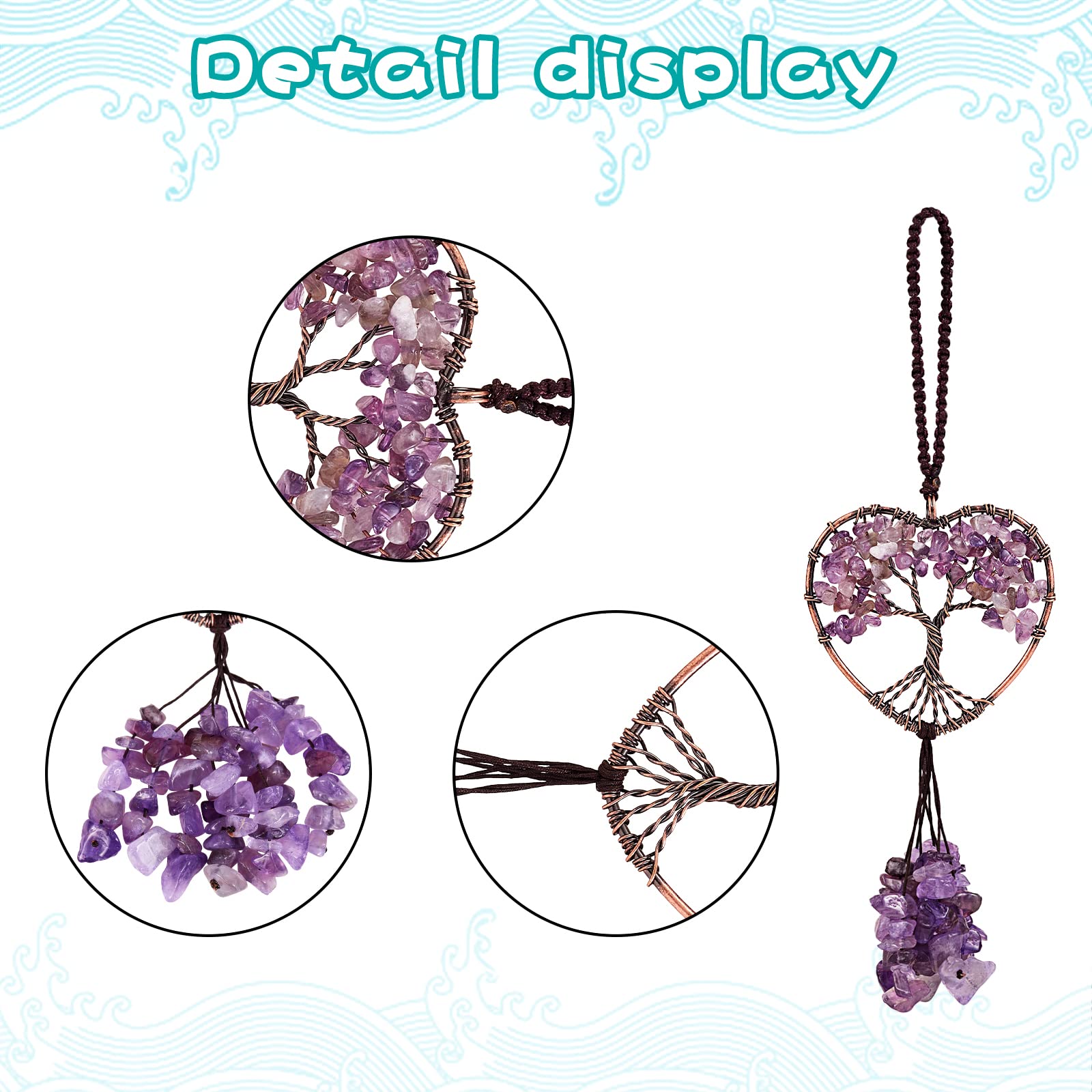 WEWAYSMILE Natural Amethyst Tree of Life Pendant Heart Shaped Tree of Life Charm Red Copper Plated Brass Wires and Nylon Cord for Home Car Ornament Tassel Yoga Healing Lucky Jewelry